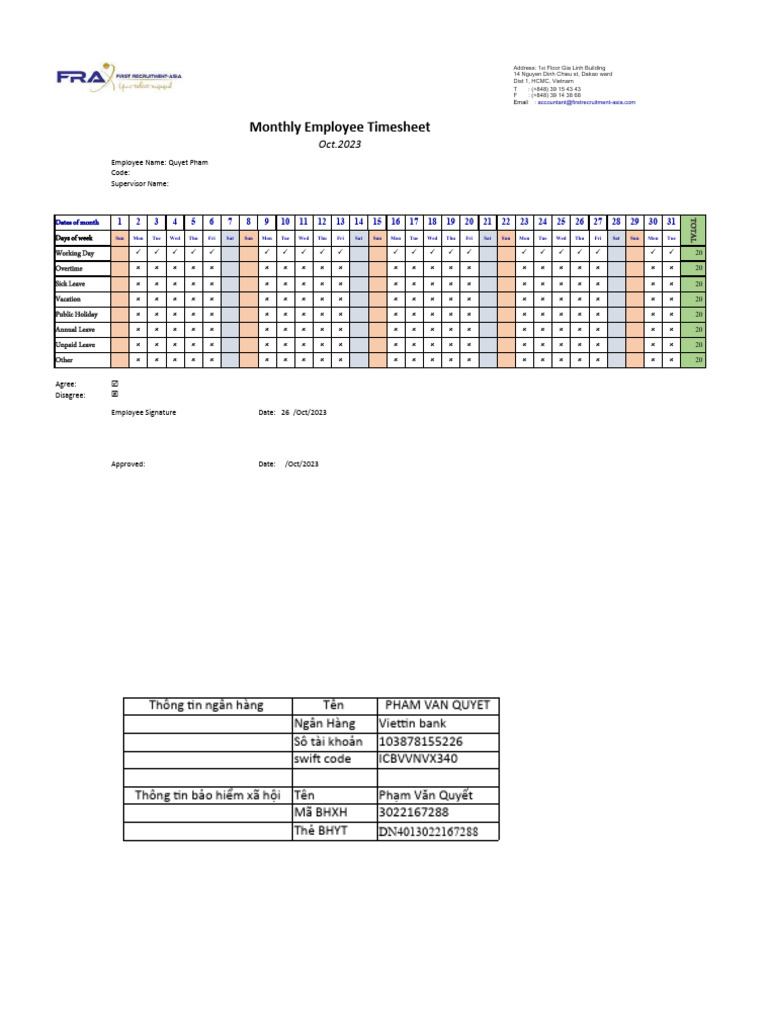 Timesheet Oct2023 - Quyet Pham | PDF