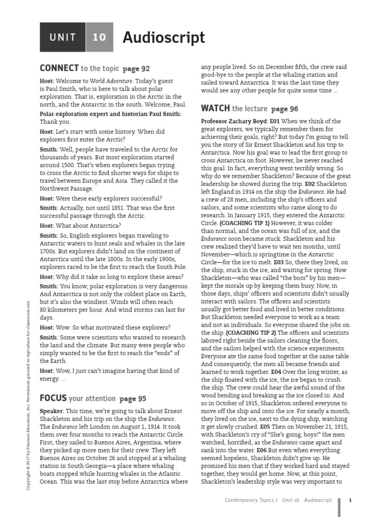 Unit 10 Audioscript Pdf Antarctica Ernest Shackleton