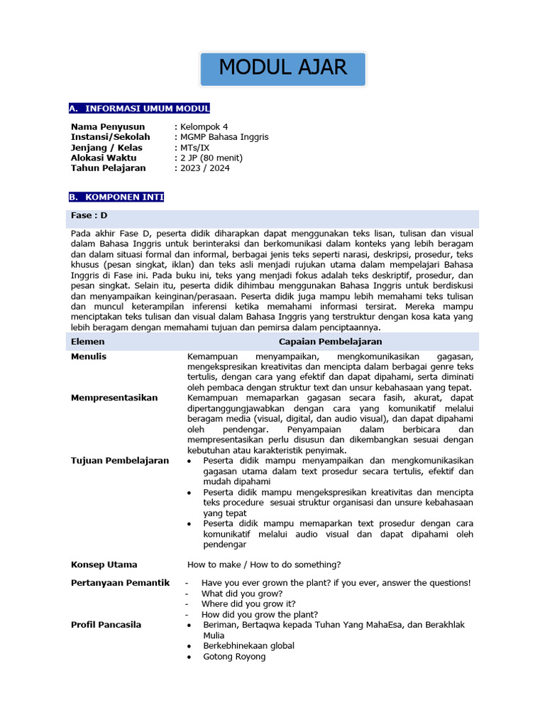 Modul Ajar Procedure Text | PDF