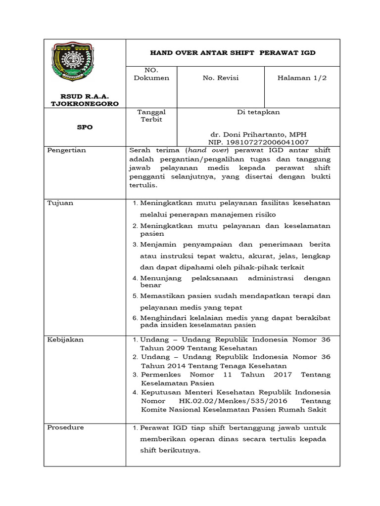 Sop Handover Igd | PDF