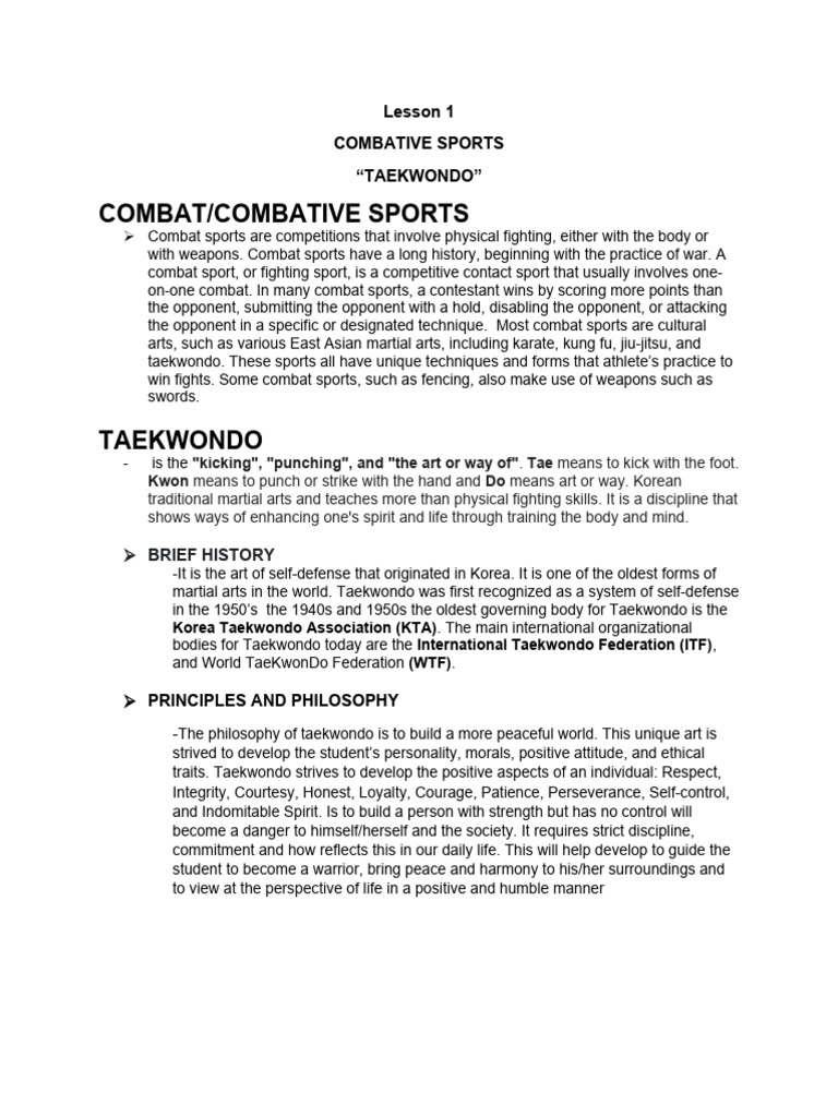 Lesson 1 Combat Sport Download Free Pdf Taekwondo Individual Sports