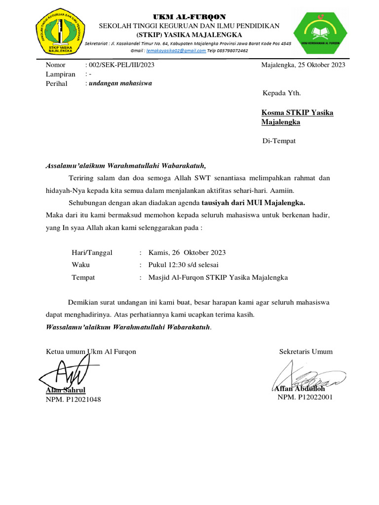 Surat - Undangan Tausiyah Mahasiswa STKIP Yasika Majalengka | PDF