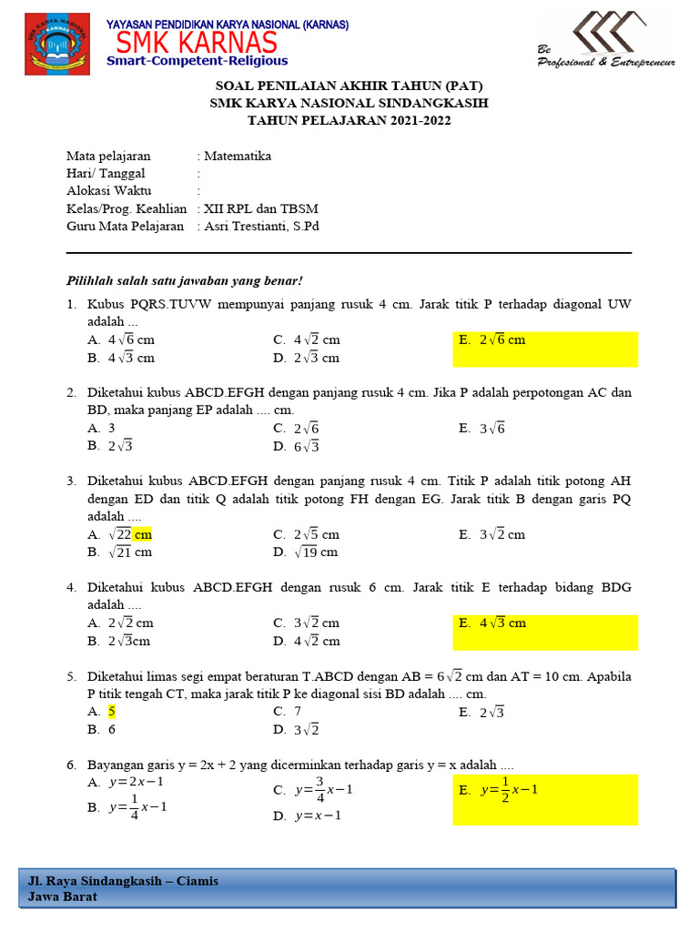 Poin 13.2c Penilaian Sumatif Matematika Kelas XII (Soal) | PDF
