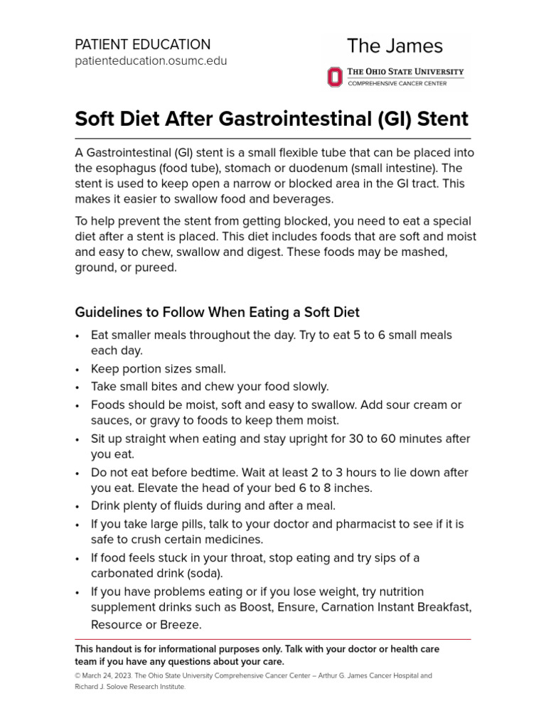Soft Diet Guidelines for GI Stent Patients | PDF | Fruit | Vegetables