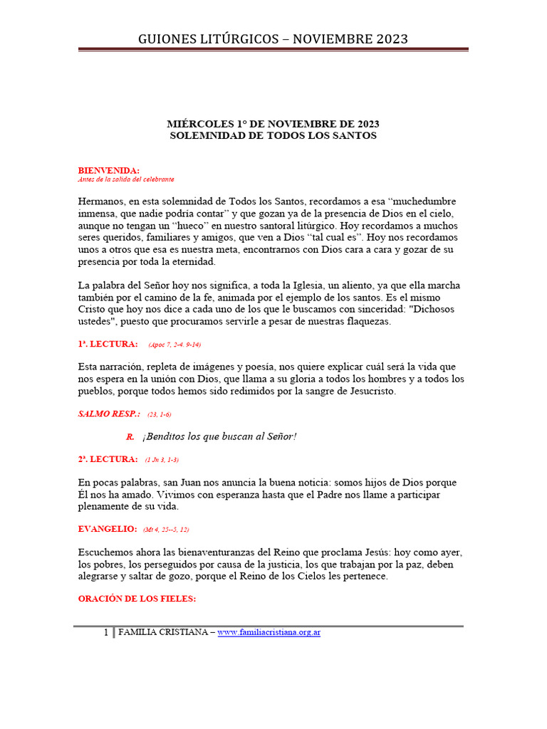 Guiones Liturgicos Noviembre 2023 | PDF | eucaristía | Oración