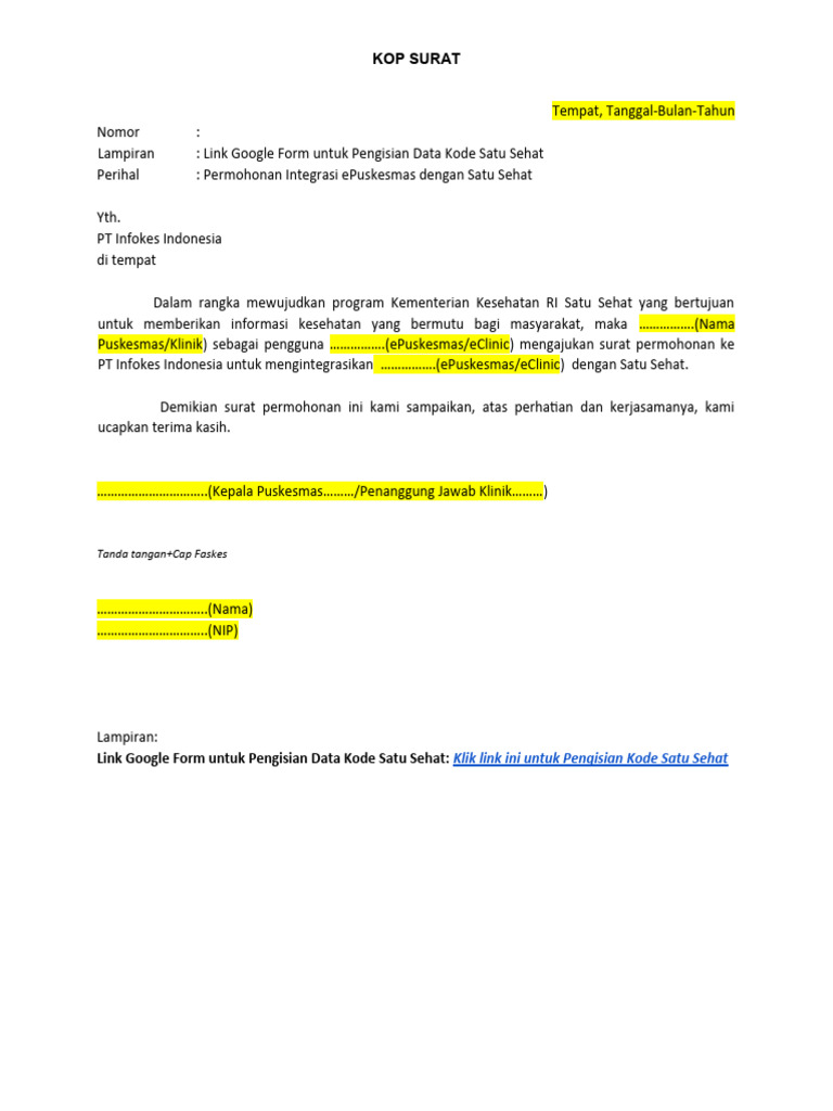 (SAMPLE) Surat Permohonan Integrasi EPuskesmas Dengan Satu Sehat | PDF