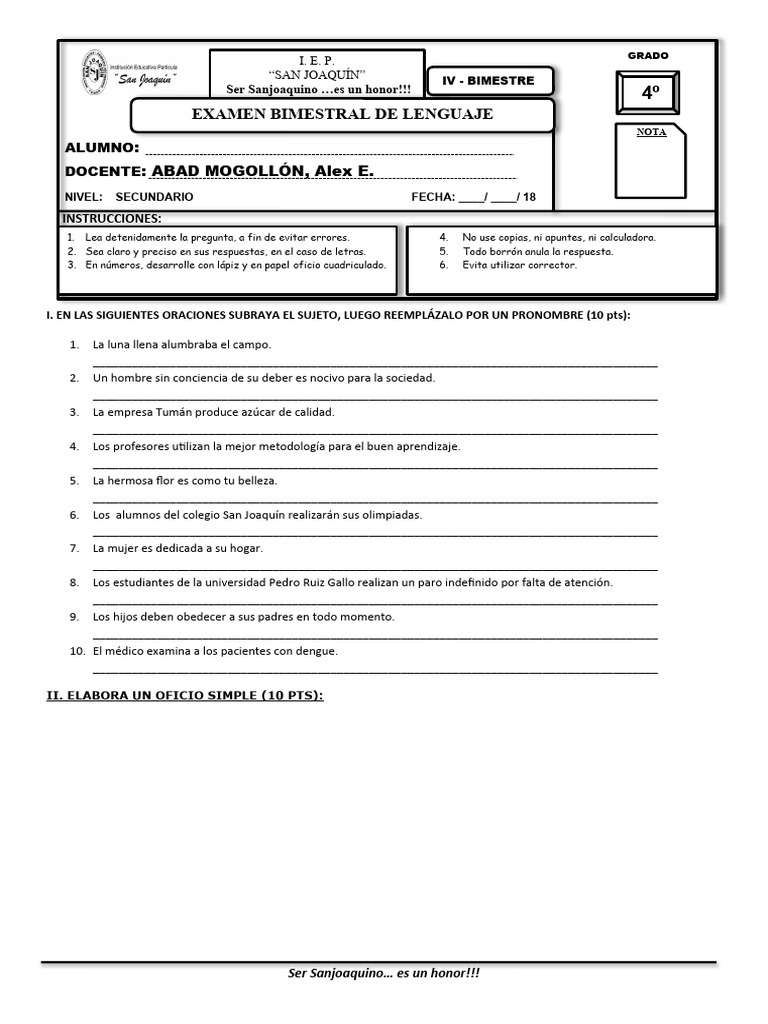 Exam. Leng. 4º Sec - Iv Bim. | PDF