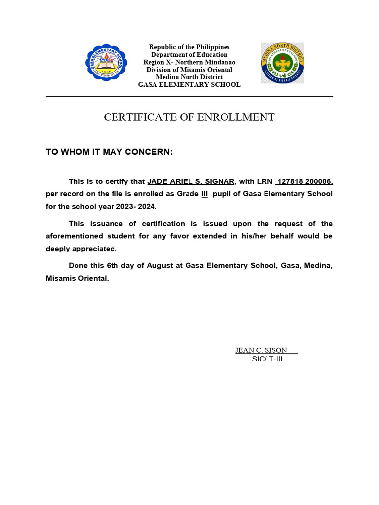 Certificate of Enrollment - Gasa Elementary | PDF