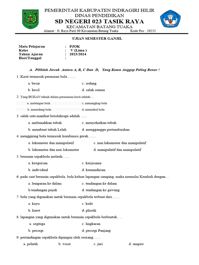 Soal Pjok Kls 5 Semester 1 | PDF