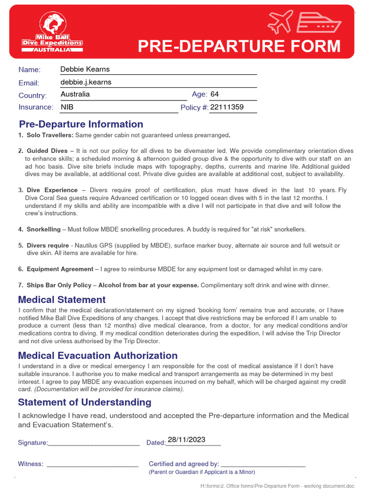 Pre Departure Form | PDF | Scuba Diving | Underwater Diving