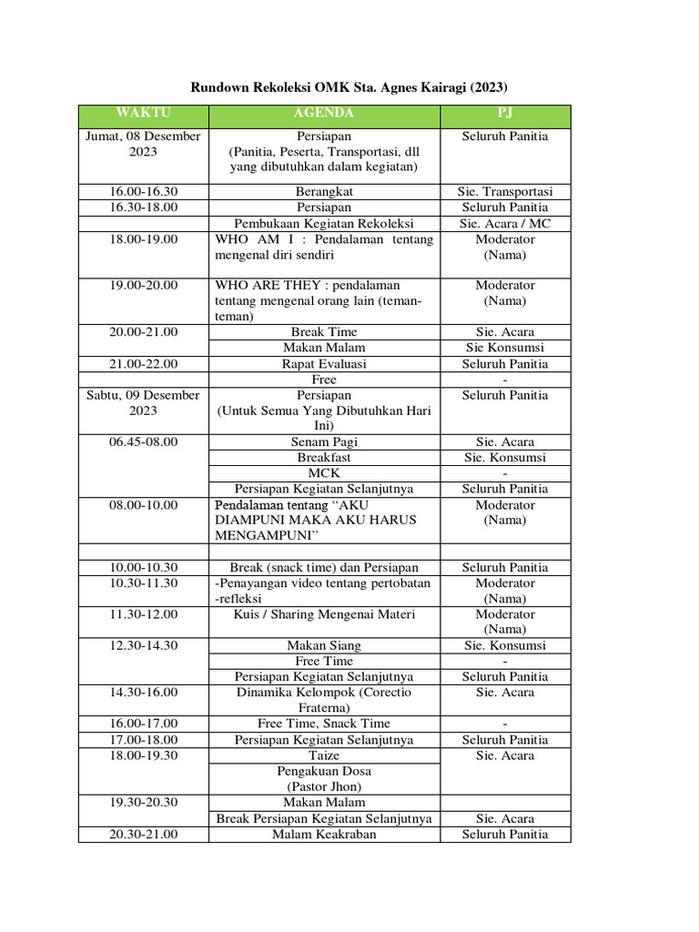 Rundown Rekoleksi OMK Sta. Agnes 2023 | PDF