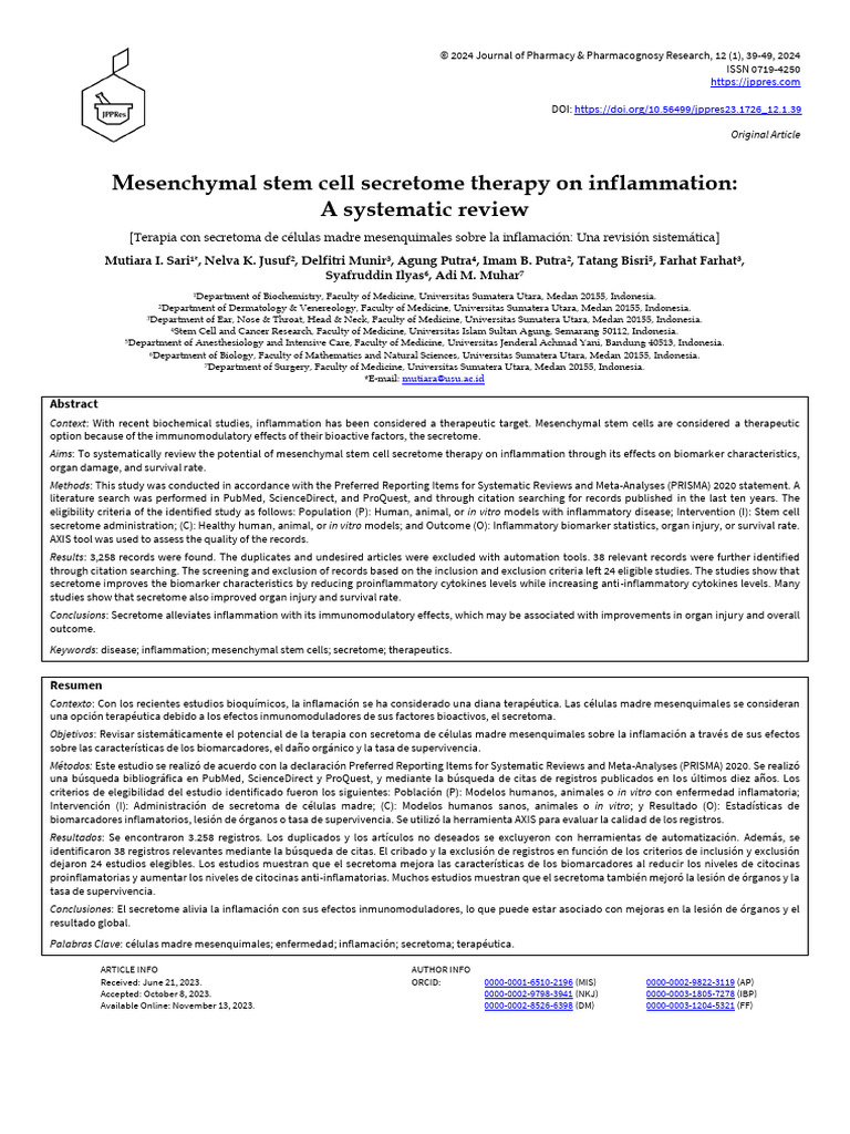 Mesenchymal Stem Cell Secretome Therapy On Inflammation: A Systematic ...