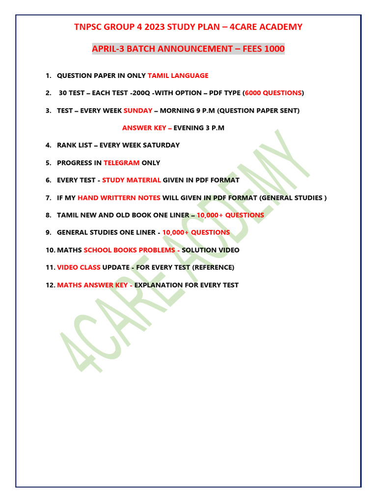 TNPSC Group 4 2024 Study Plan | PDF