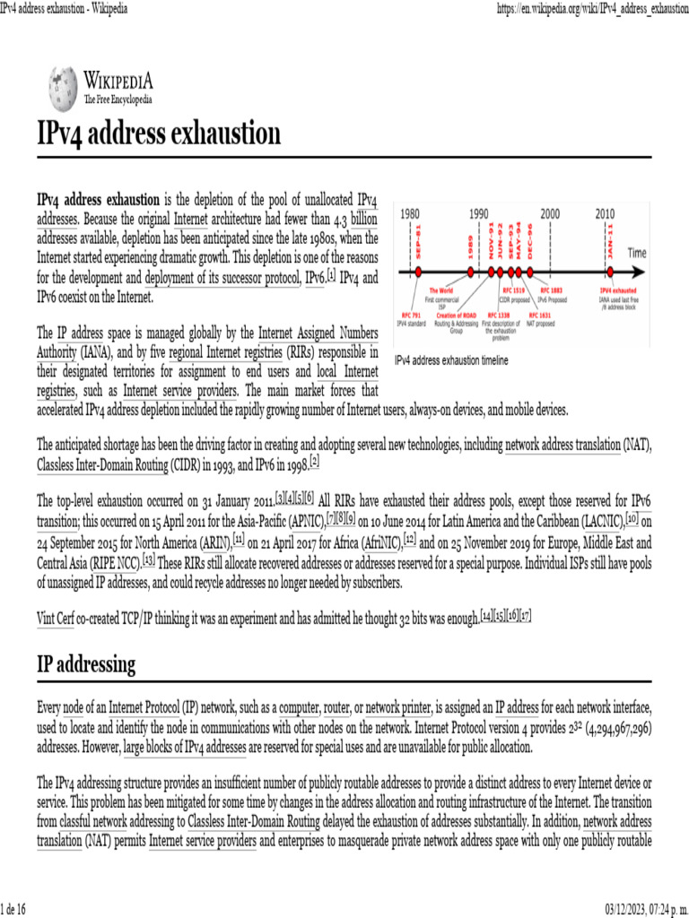 IPv4 Address Exhaustion - Wikipedia | PDF | I Pv6 | Computer Network