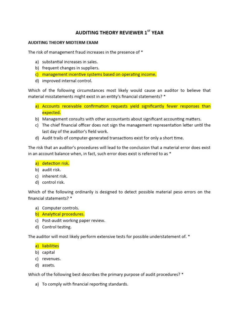 Auditing Theory Reviewer 1st Year | PDF | Financial Audit | Audit