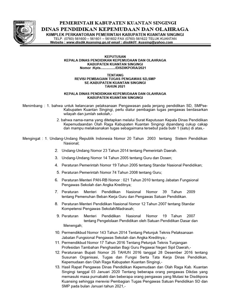 SK Beban Tugas Pengawas 2021 | PDF