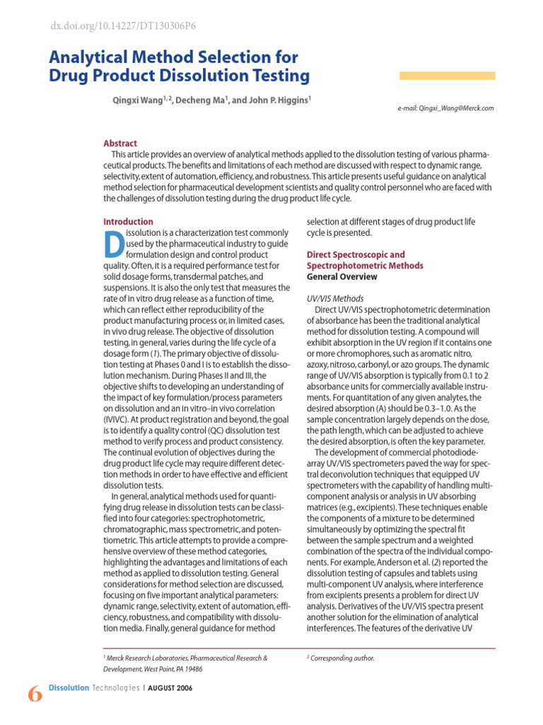 Analytical Method Selection For Drug Product Dissolution Testing | PDF ...