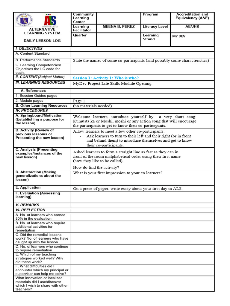 LP MYDEV OPENING Activity 1 | PDF | Learning | Teachers