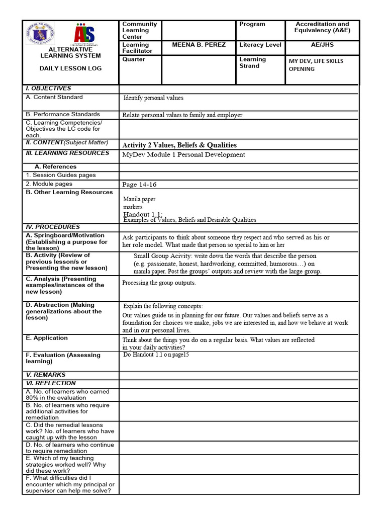 LP MYDEV MODULE 1 Session 1 Activity 2 | PDF | Learning | Teachers