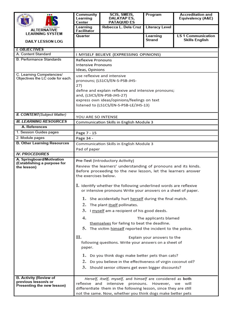 LS1 English Module 3 Lesson 3 LP | PDF | Learning | Pronoun
