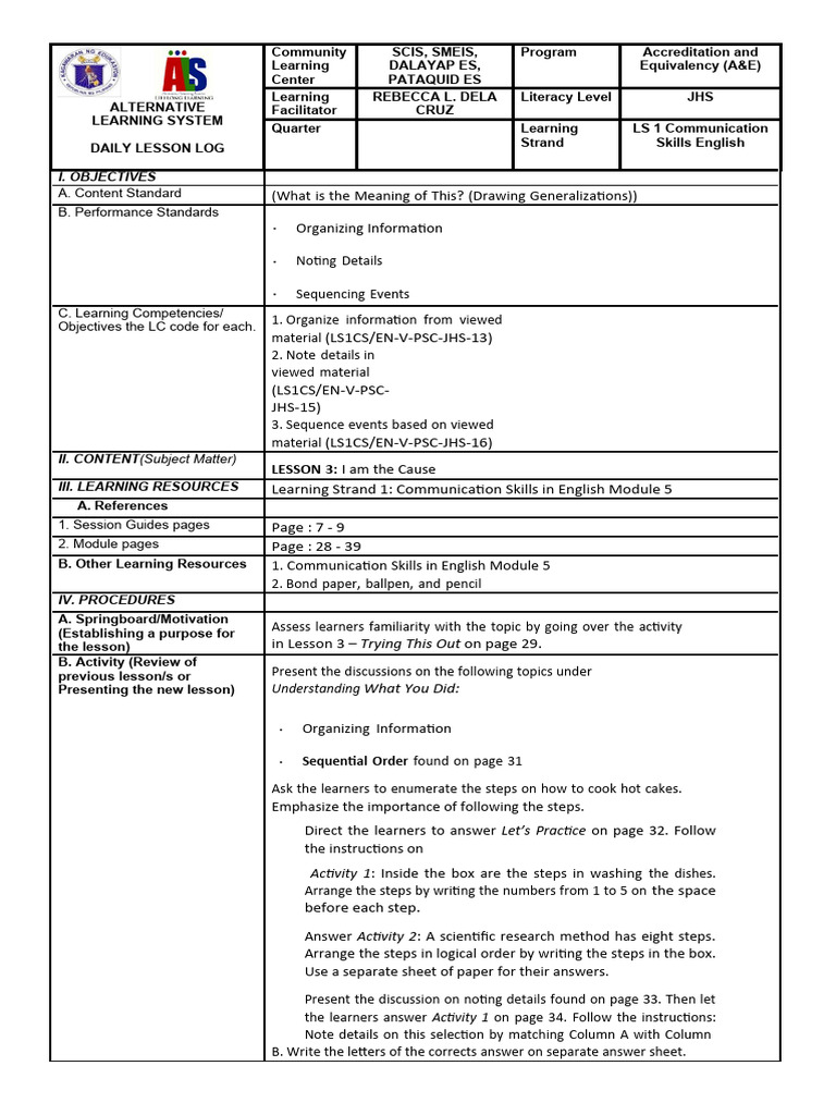 LS1 English Module 5 Lesson 3 LP | PDF | Learning | Causality