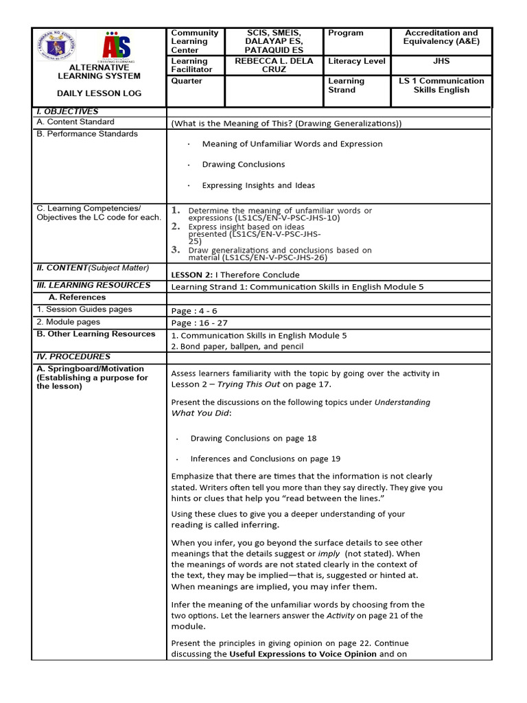 LS1 English Module 5 Lesson 2 LP | PDF | Learning | Concept