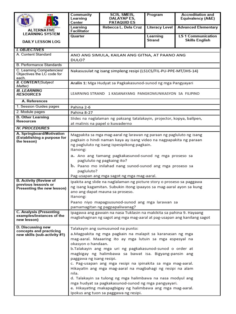 LS1 Filipino Module 2 Lesson 1 LP | PDF