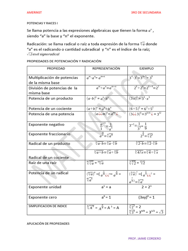Propiedades de Potenciación Y Radicaciòn Propiedad Representaciòn Ejemplo | Descargar gratis PDF ...