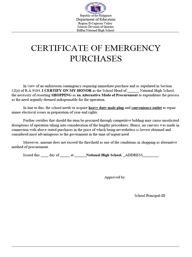 Emergency Purchase Certificate Template | PDF