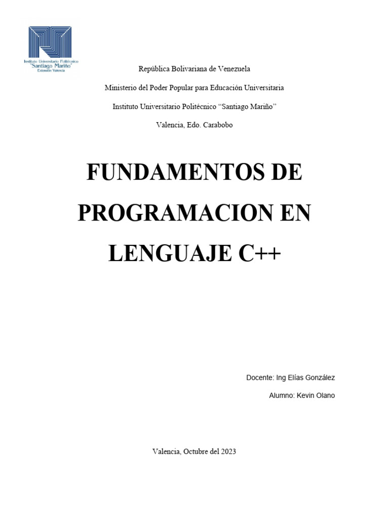 Fundamentos en Lenguaje C++ Kevin Olano 25441452 | PDF | C ++ | Lenguaje de programación