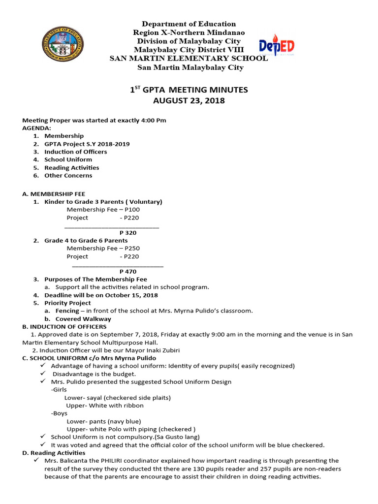 1st Gpta Meeting Minutes | PDF | Social Institutions | Schools