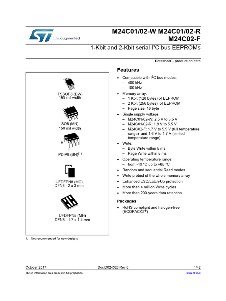 M24C01/02-W M24C01/02-R M24C02-F: 1-Kbit and 2-Kbit Serial I C Bus Eeproms | PDF | Computer ...