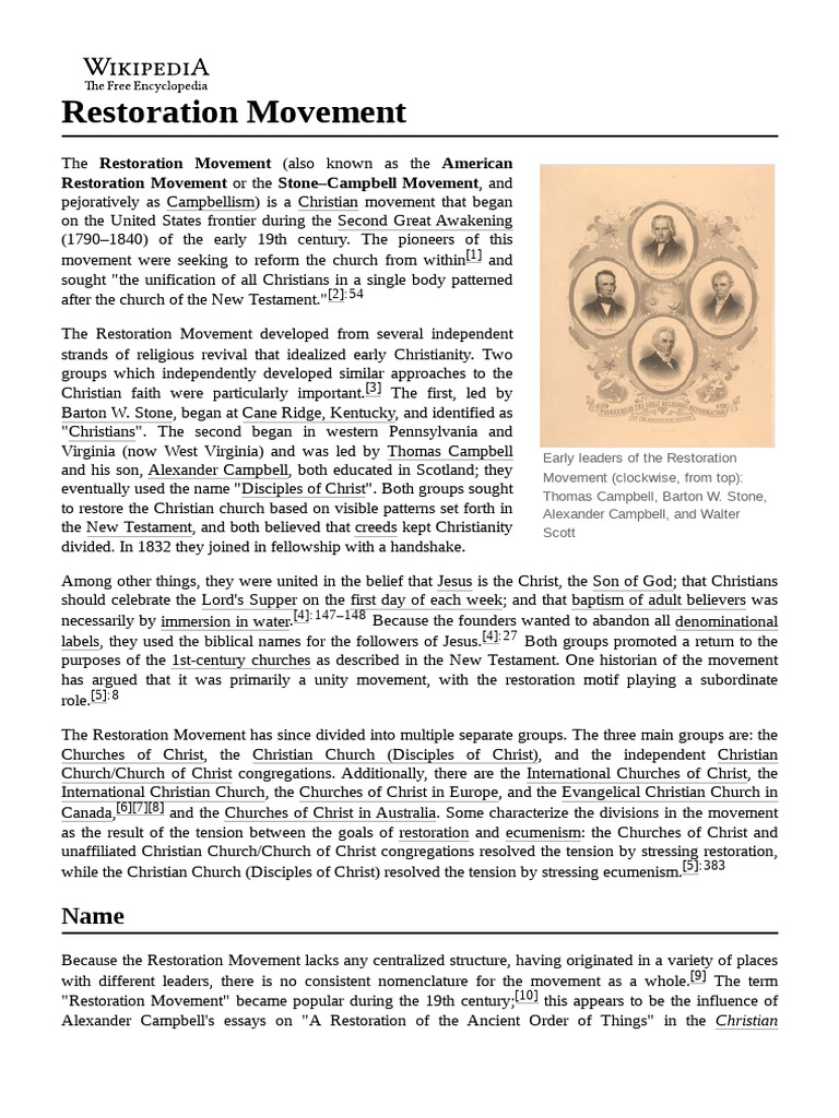 Restoration Movement | PDF | Churches Of Christ | Christian Church ...