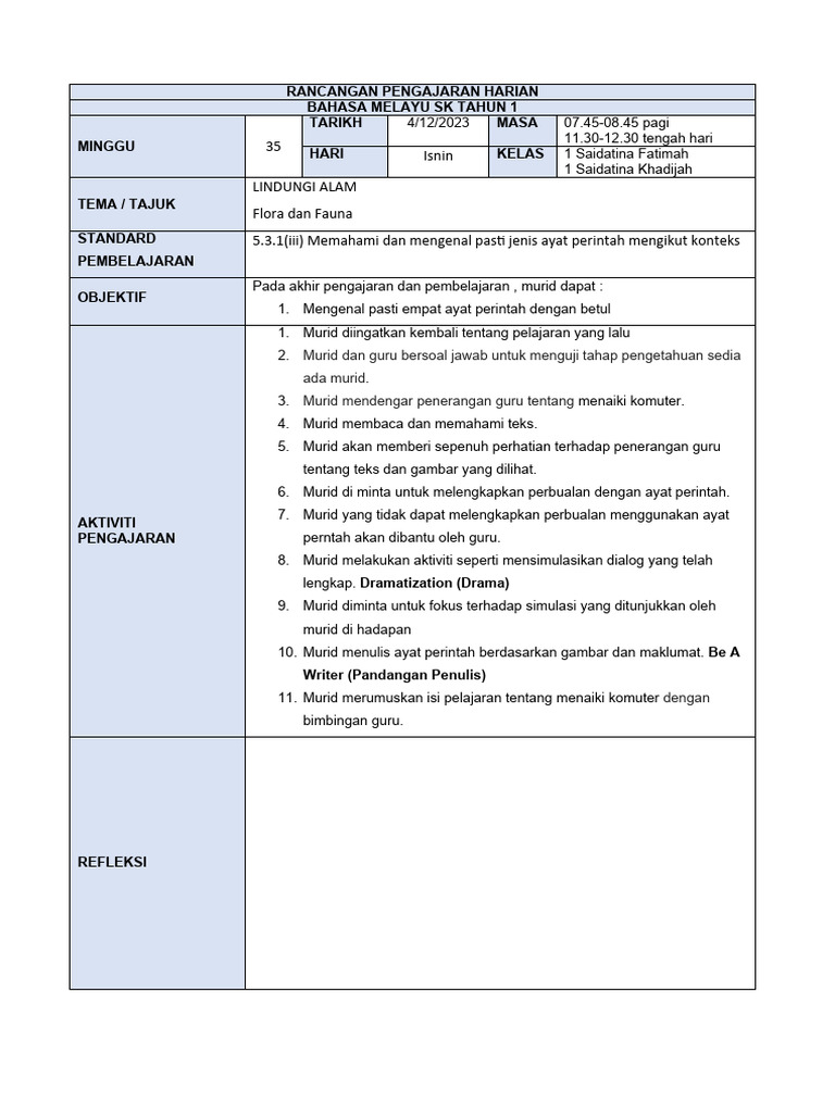 RPH Ringkas Minggu 35 BM SK THN 1 2023 by Cikgu Gorgeous | PDF