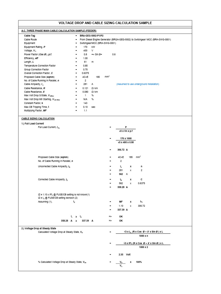 Voltage Drop and Cable Sizing Calculation | PDF | Electrical Engineering | Electricity