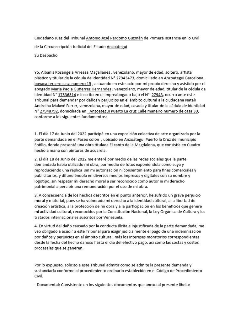 Libelo de Demanda Laboral | PDF | Venezuela | Daños y perjuicios