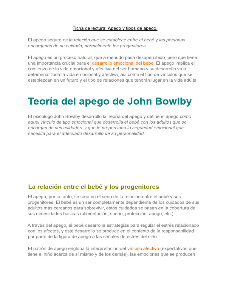 Tipos de apego según John Bowlby | PDF | Teoría de apego | Adultos