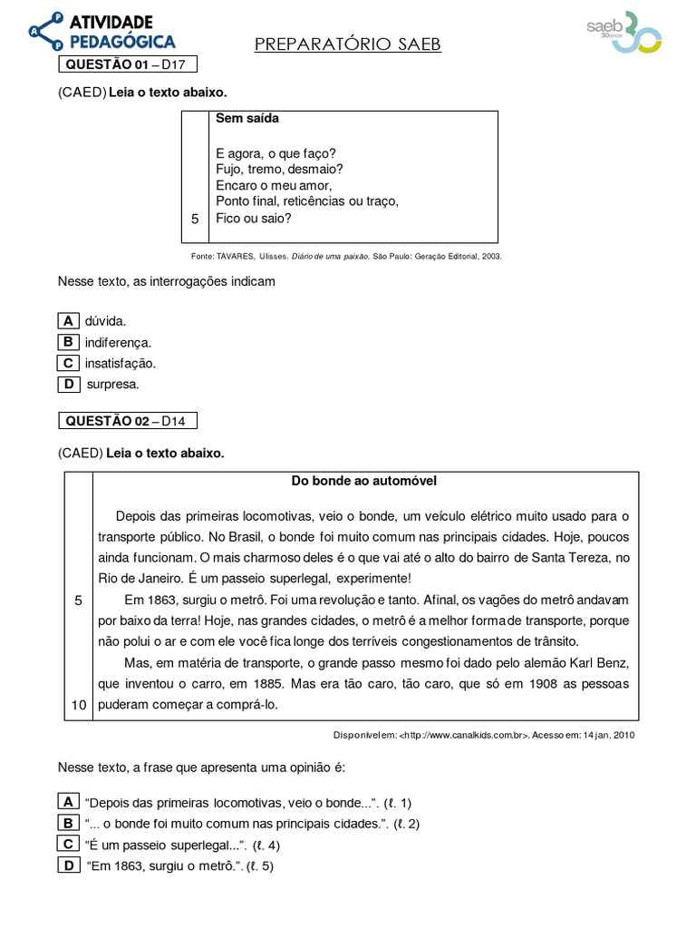 Simulado 02 (SAEB) Português - 9º Ano | PDF | Dormir | Adolescência