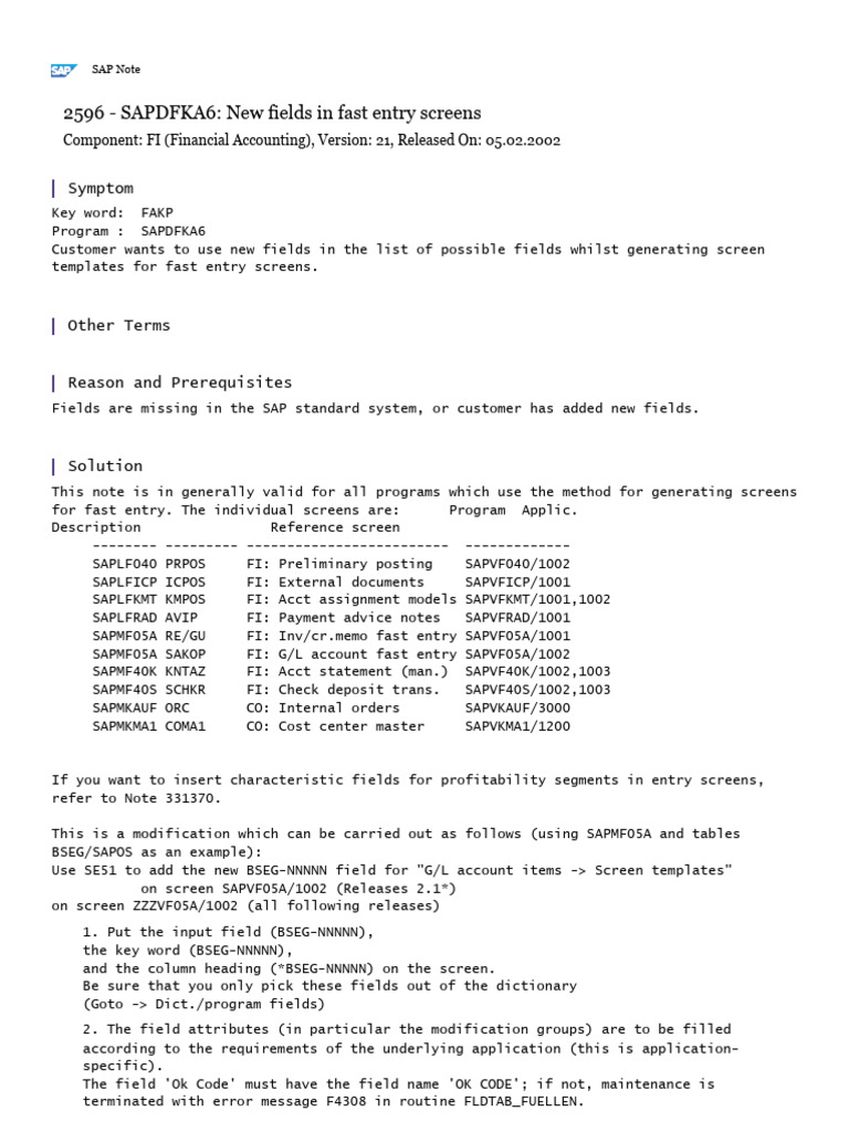 2596 - SAPDFKA6: New Fields in Fast Entry Screens: Symptom | PDF ...