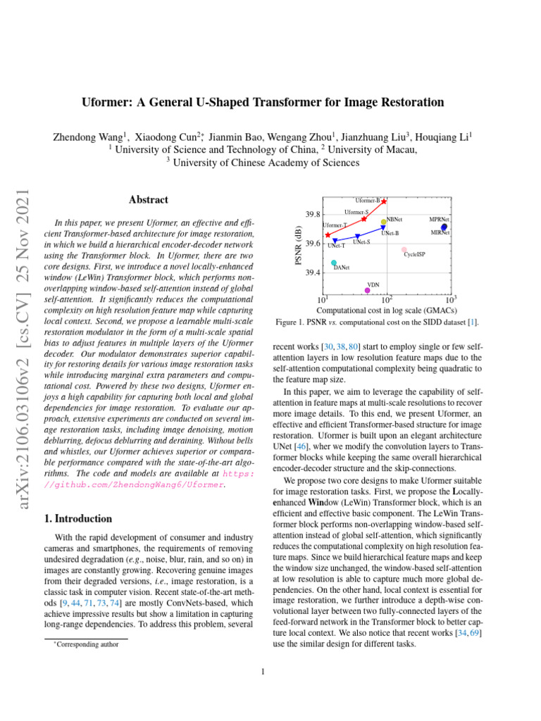 Uformer: U-Shaped Transformer for Image Restoration | PDF | Computer ...