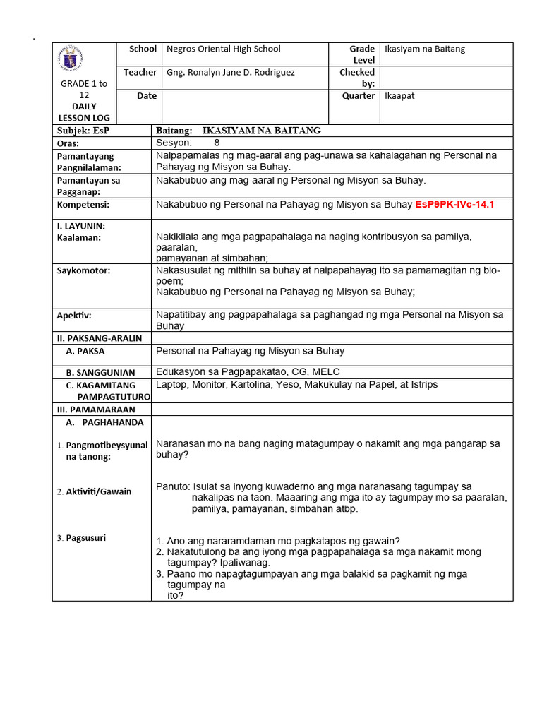NegOr - EsP9 - Lesson Plan - Q4 - Week 8 | PDF