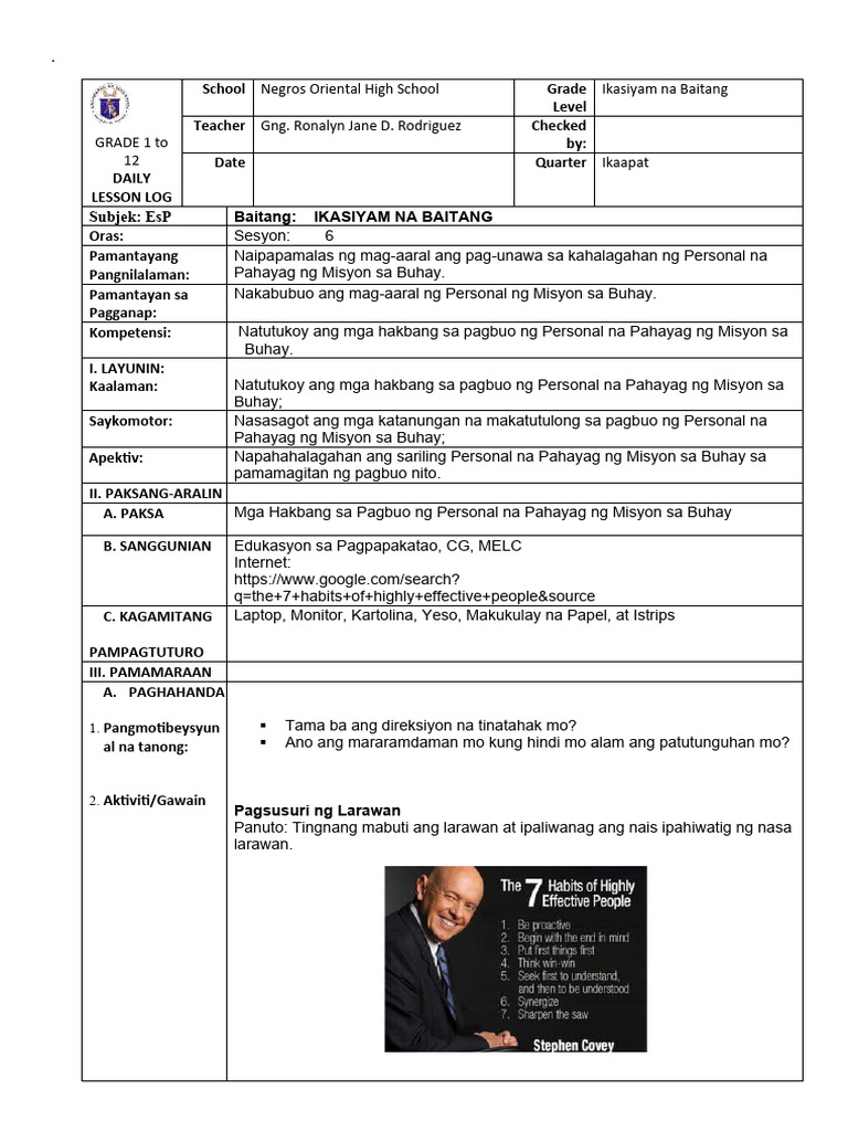 NegOr - EsP9 - Lesson Plan - Q4 - Week 6 | PDF