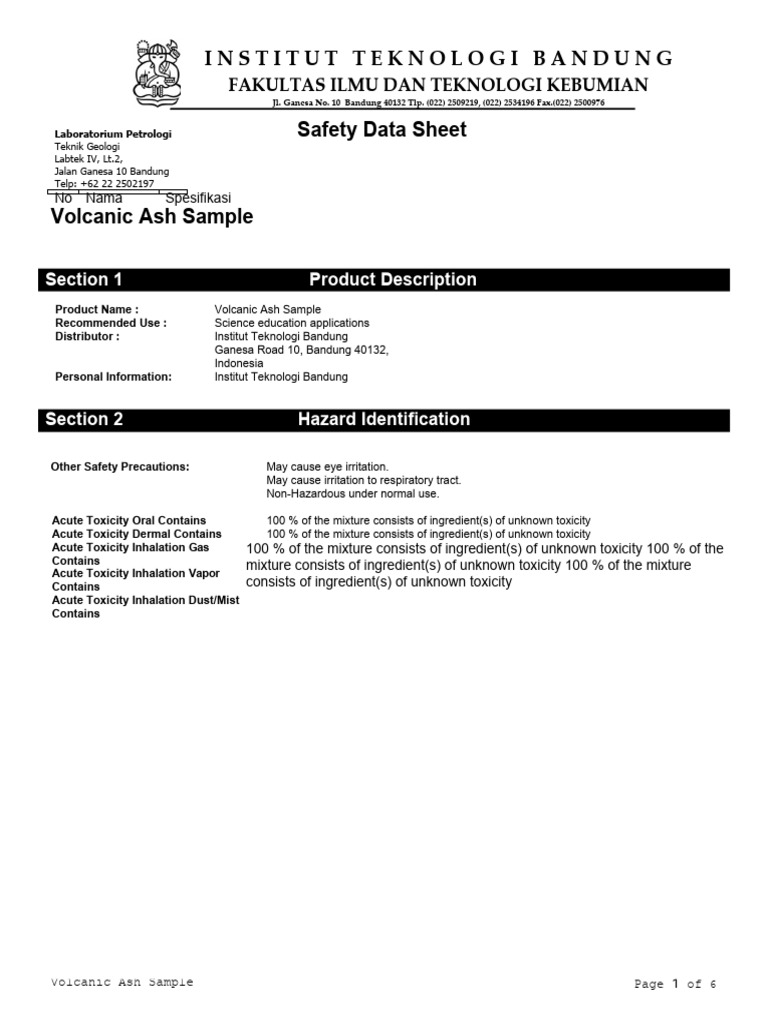 MSDS Volcanic Ash | PDF | Personal Protective Equipment | Dangerous Goods
