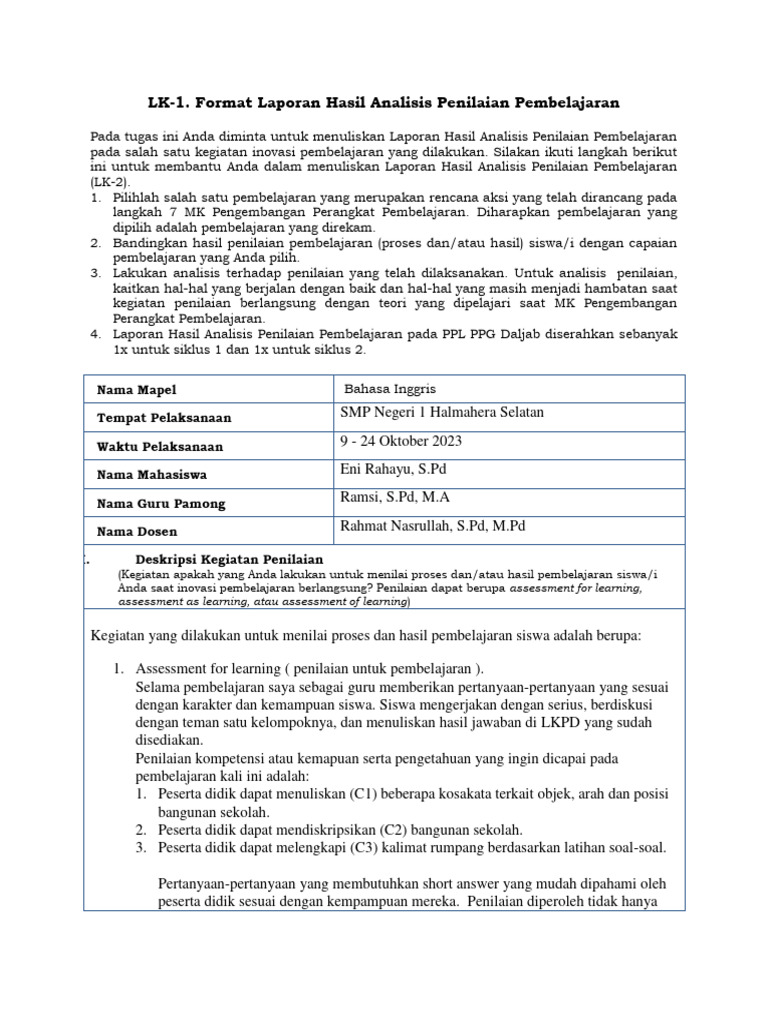 LK-1. Format Laporan Hasil Analisis Penilaian Pembelajaran | PDF