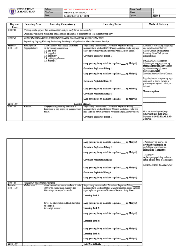 WHLP - Grade 2 (Q1 Week 1) | PDF