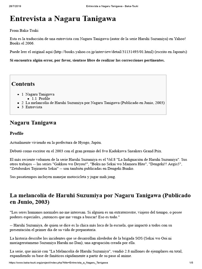 Entrevista A Nagaru Tanigawa | PDF | Realidad | Novelas
