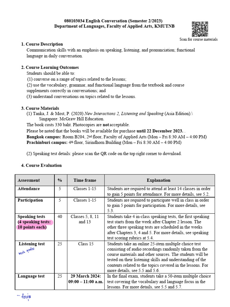 English Conversation - Course Syllabus S2 - 2023 | PDF | Rubric ...