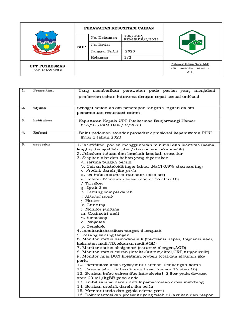 Sop Perawatan Resusitasi Cairan | PDF