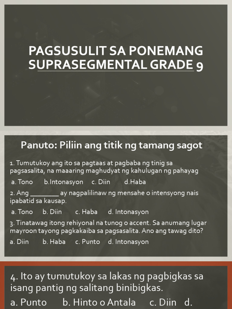 Pagsusulit Sa Ponemang Suprasegmental Grade 9 | PDF