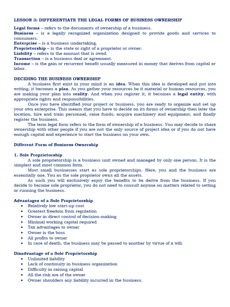 Entrep 9 Lesson 3 Differentiate The Legal Forms of Business Ownership ...